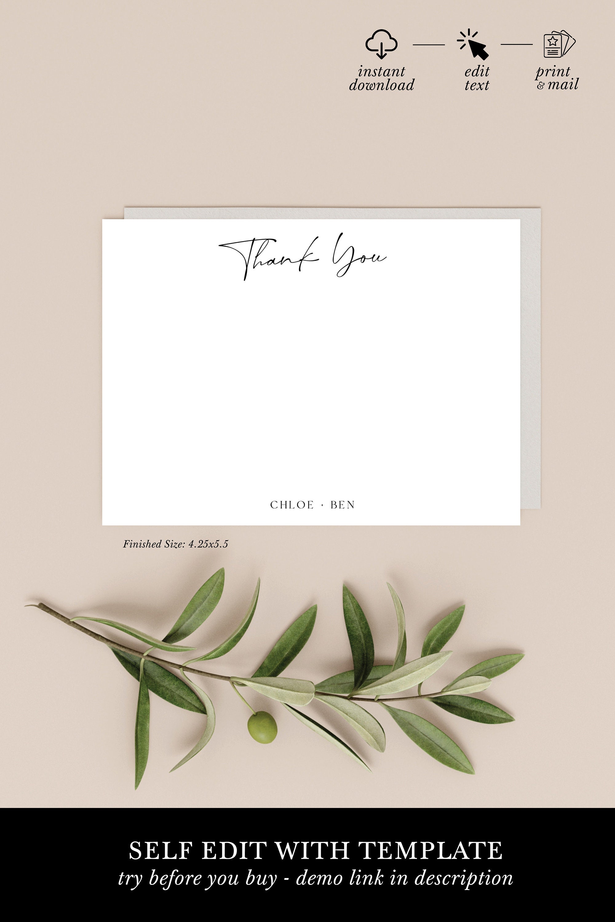 Customizable Thank You Card Template, Printable Personalized Stationery ...