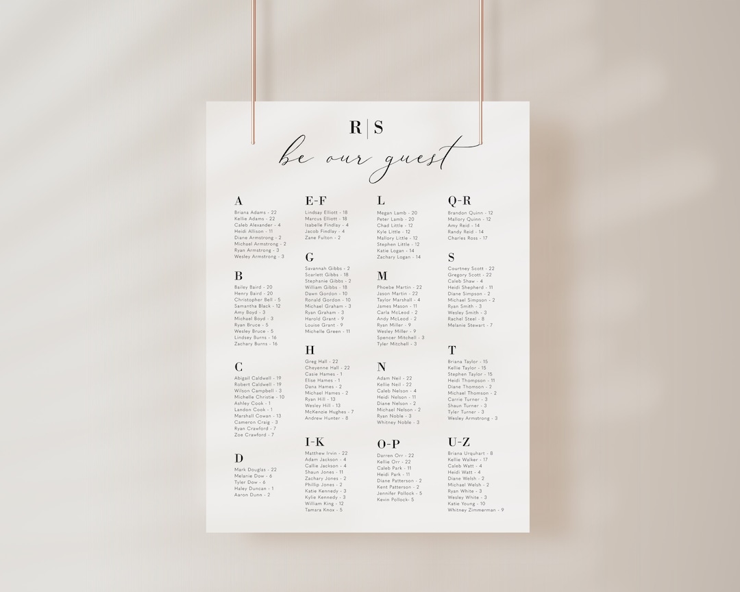 Minimalist Alphabetical Seating Chart for Wedding, Modern Black and ...