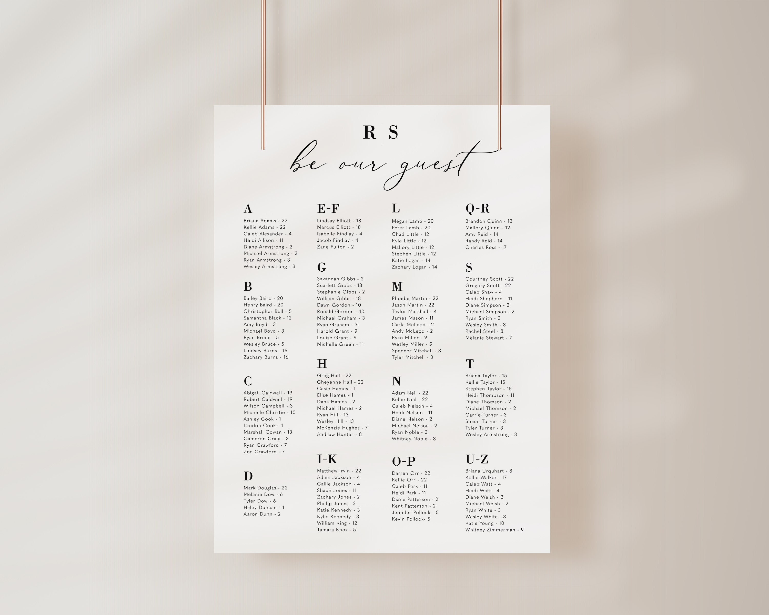 Alphabetical Wedding Seating Chart Template Editable Table | Etsy