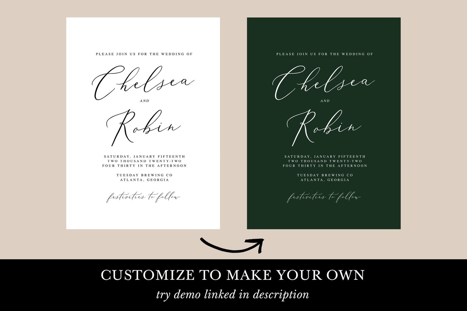 Simple Minimalist Wedding Invitation Set, Printable Black and White ...