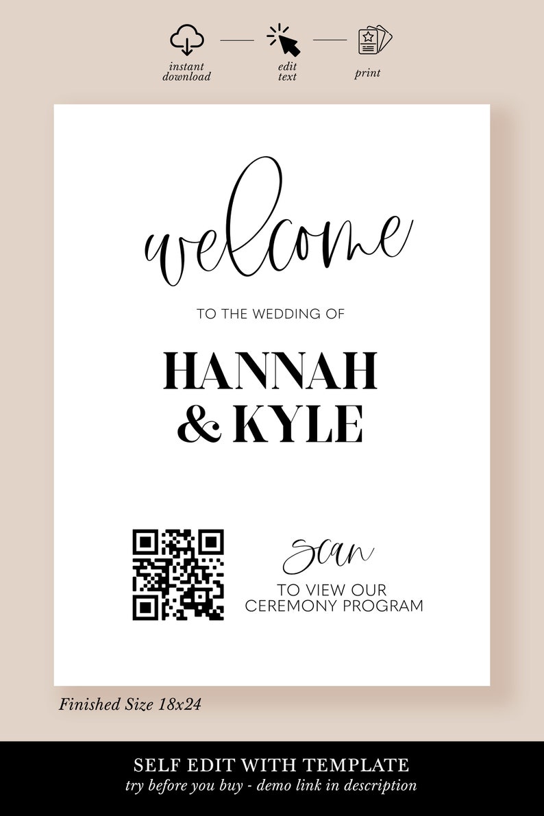 QR Code Welcome Sign Printable Wedding Welcome Sign Template | Etsy
