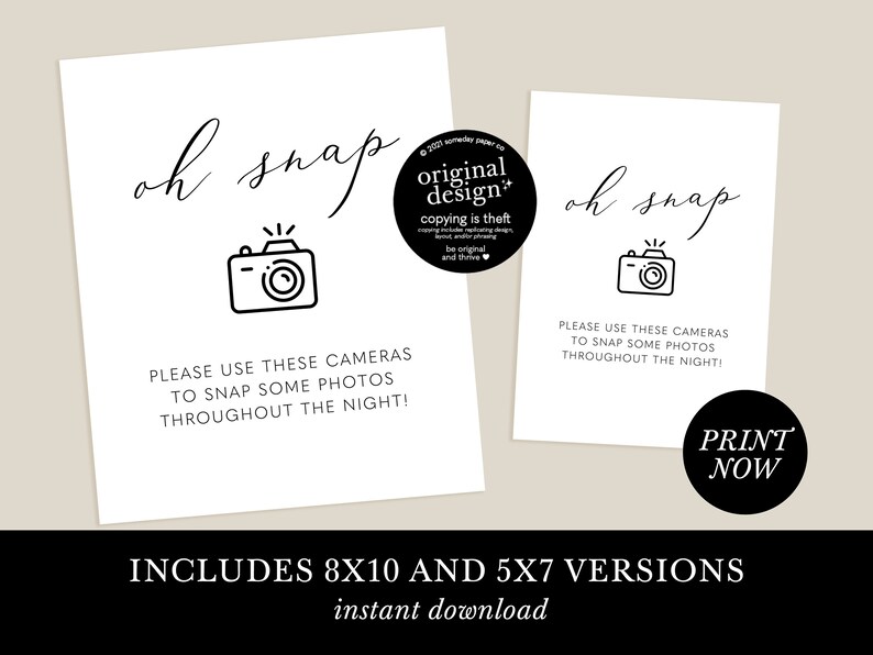 Disposable Camera Sign for Wedding Printable Oh Snap Capture | Etsy