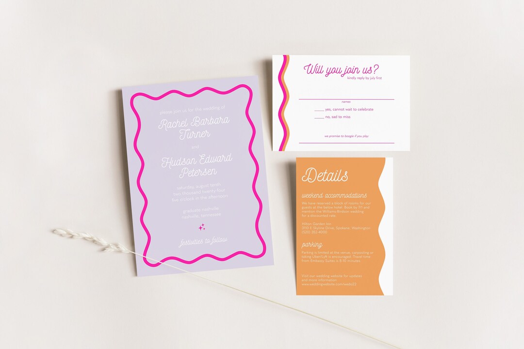 Bright Colorful Wedding Invitation Template Set, Customizable Funky ...