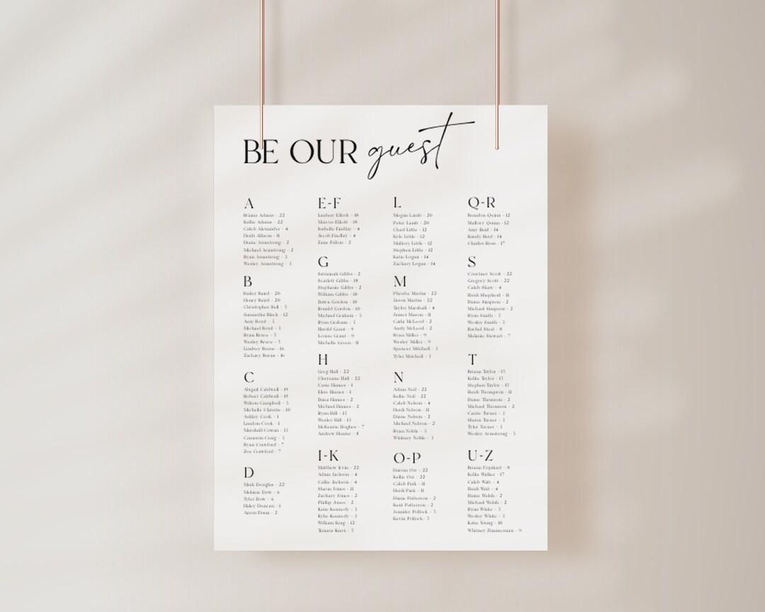 Modern Wedding Alphabetical Seating Chart Sign, Printable Table ...