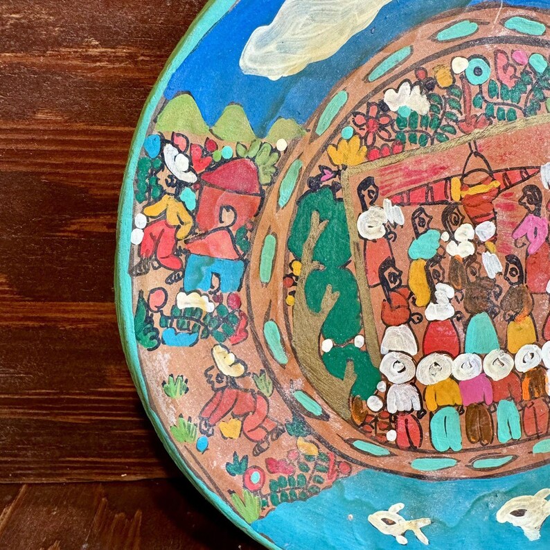 Vintage Mexico Pinata Story Plate Hand Painted Folk Art Terracotta Wall ...