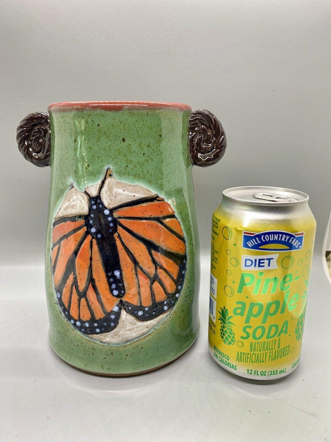 Handmade Pottery Monarch Butterfly Stoneware 2 Handled Vase 7 Initials ...