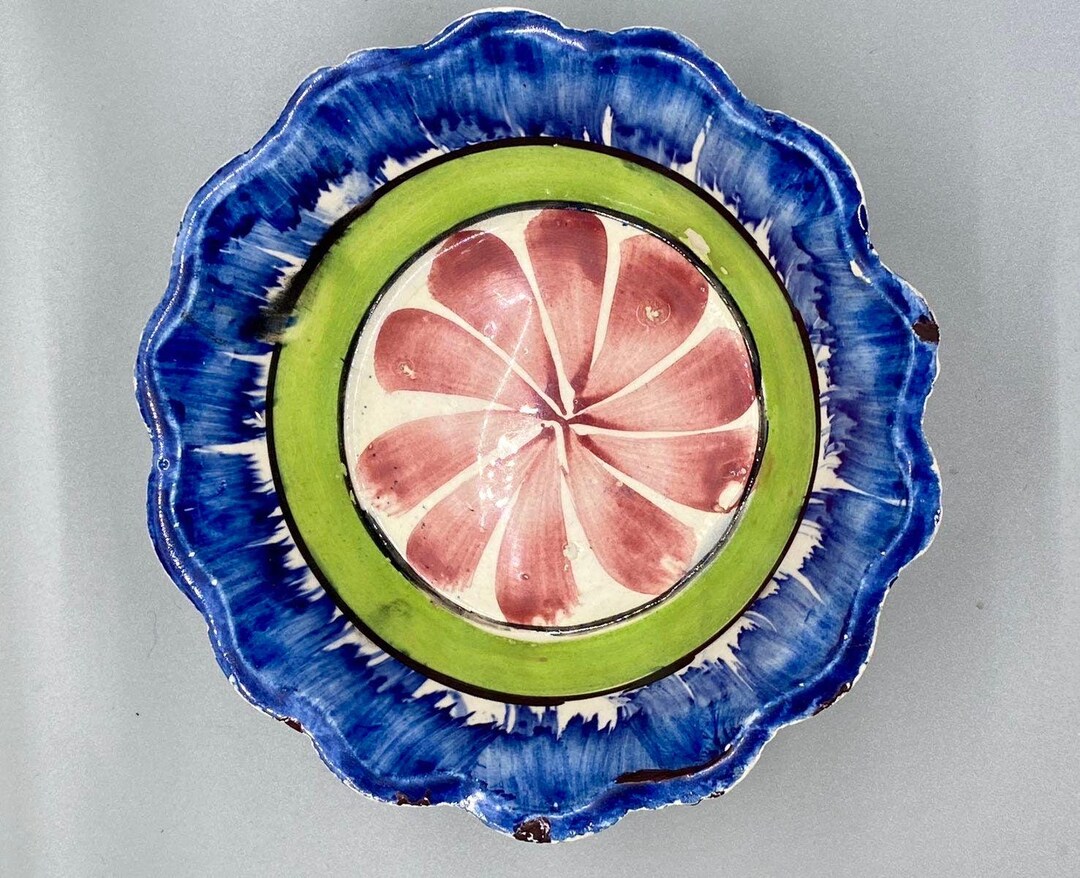 Vintage 6" Oaxacan Drip Ware Fluted Bowl Lime & Blue Stripe Flower Hand ...