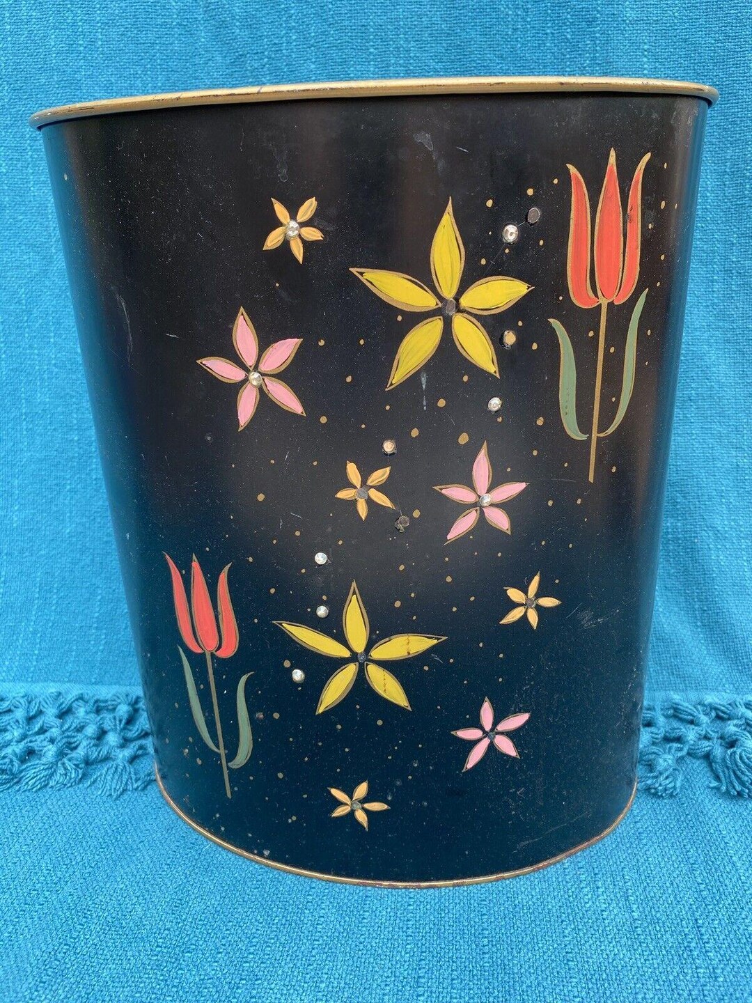 Vintage 1960's Ransburg Black Tulips Floral MCM Rhinestone Atomic Trash ...