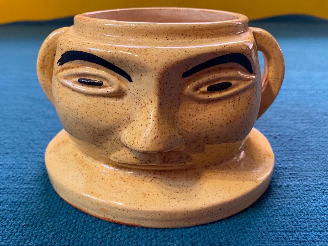 MCM Vintage Two Tiki Faces Heads Speckled Yellow Ceramic Succulent Pot ...