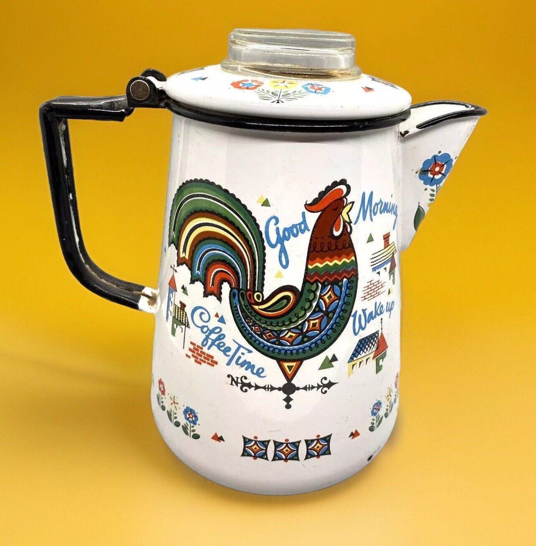 Vintage Berggren (?) Enamel Coffee Pot Good Morning Coffee Time Wake up ...