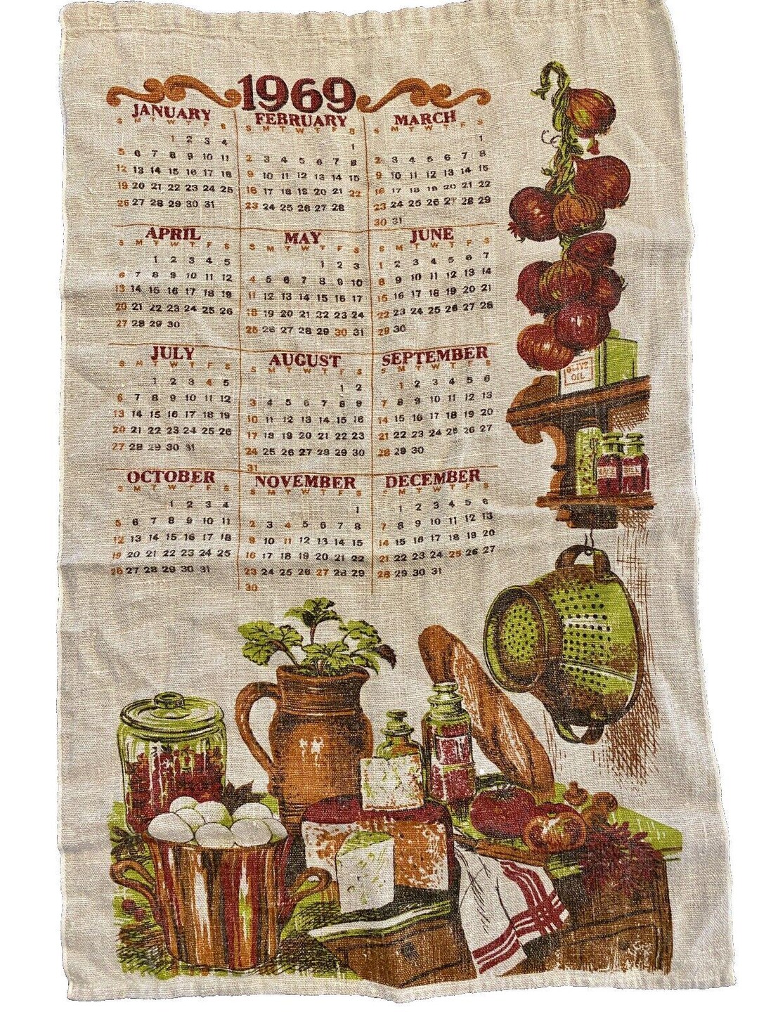 Vintage 1969 Kitchen Linen Towel Year Calendar Clean 24x17 Fun Bday ...