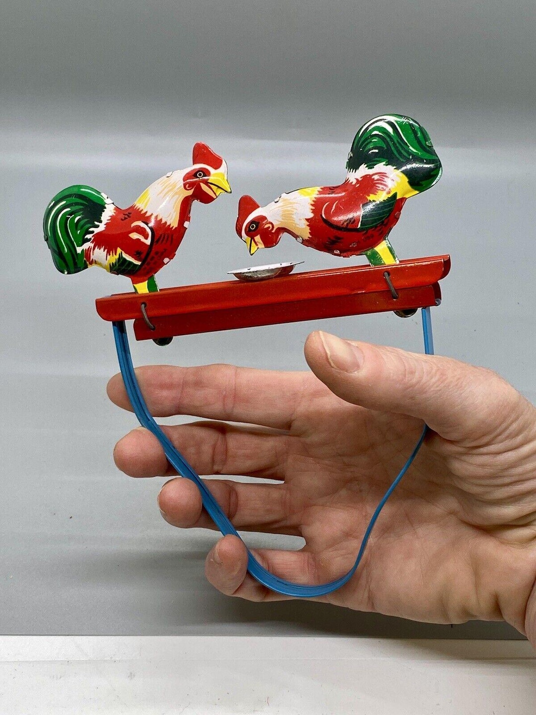 Vintage, Working 60s Metal Squeeze Tin Toy Litho China Feeding Pecking ...