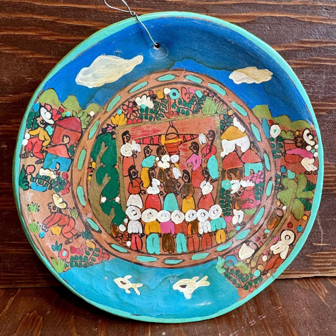 Vintage Mexico Pinata Story Plate Hand Painted Folk Art Terracotta Wall ...