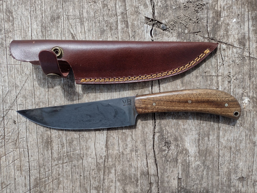 Hollow Ground Carbon Steel and Walnut Hunting Knife With Leather Sheath ...
