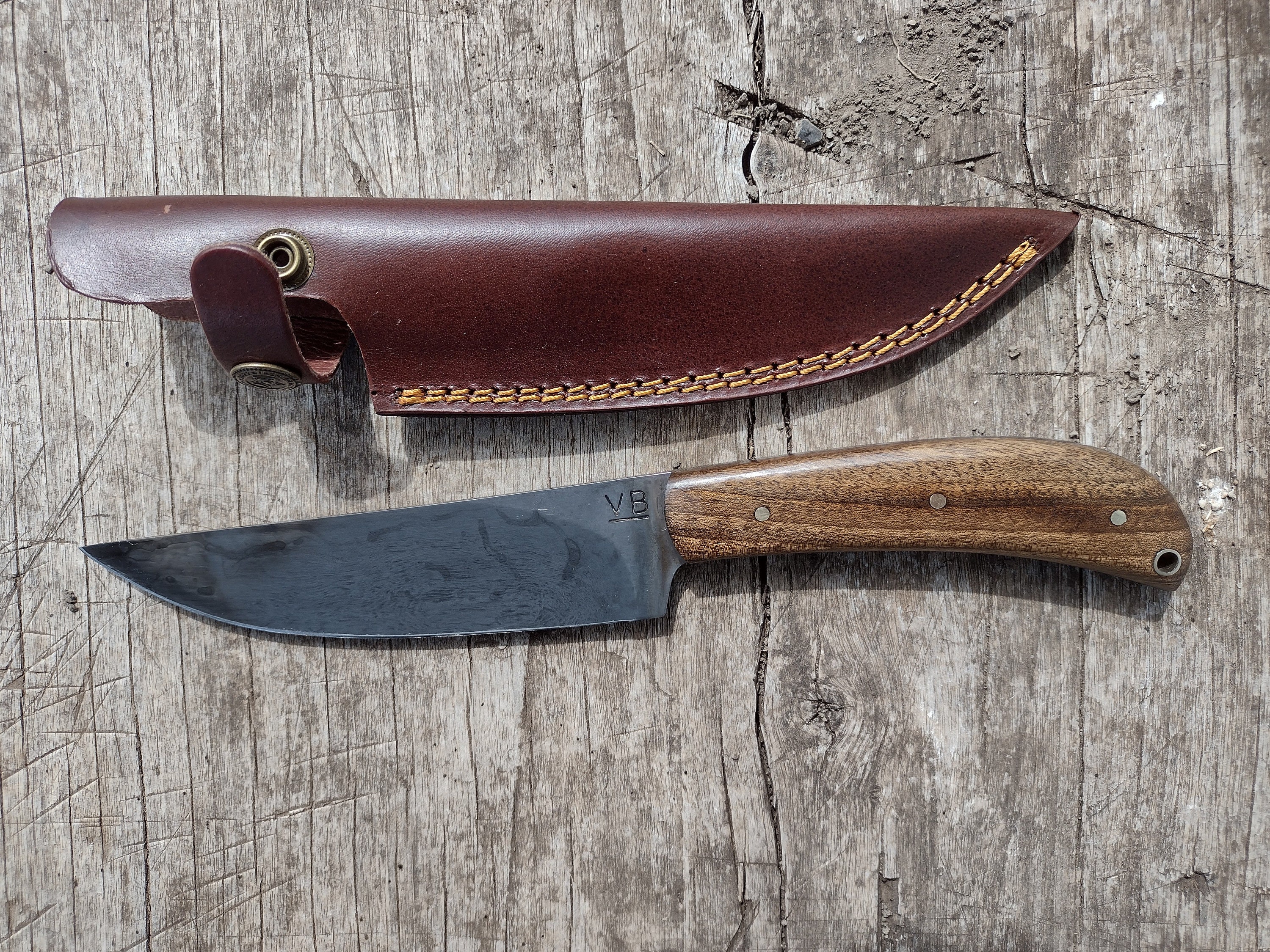 Hollow Ground Carbon Steel and Walnut Hunting Knife With Leather Sheath ...