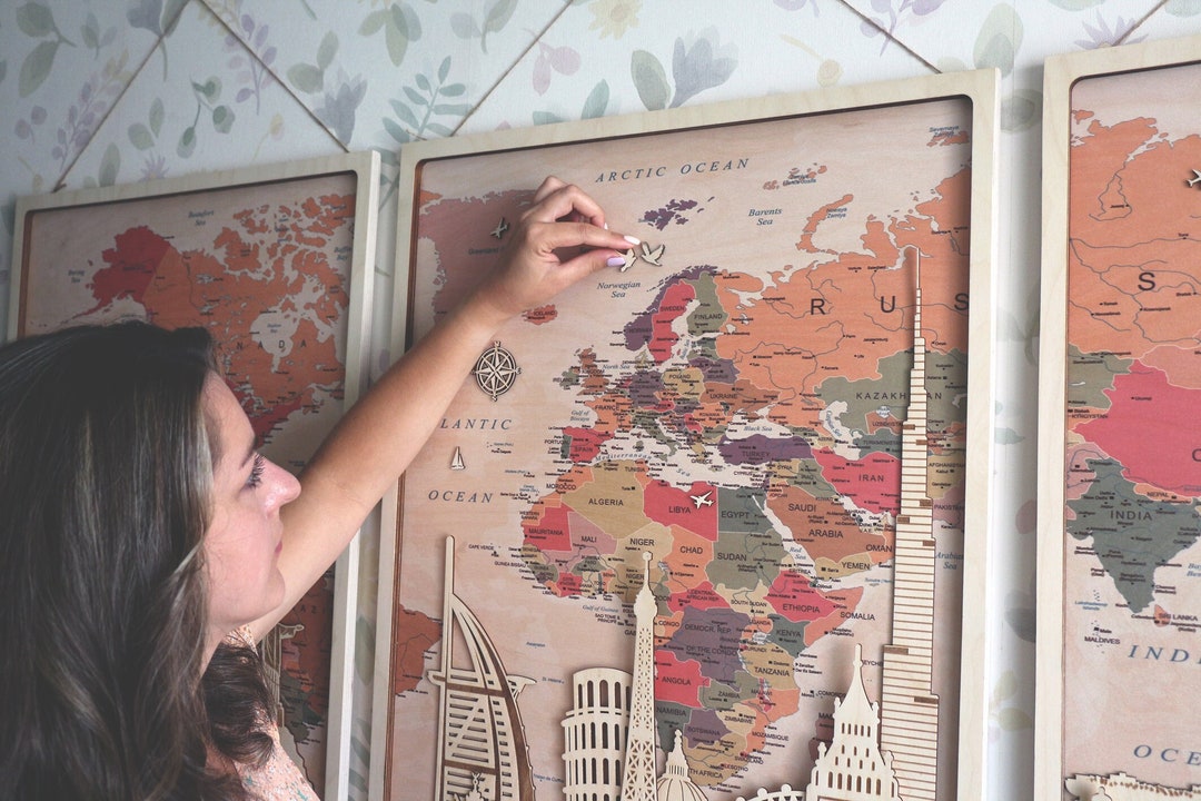 3 Panels Art Push Pin World Map Wood Wall Decor Map to Mark Travels ...