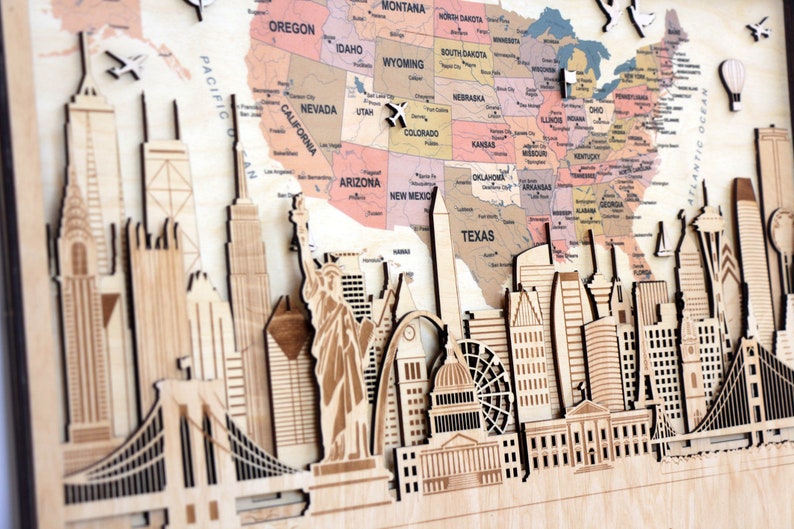 Wood USA Map American Map Wood Print Wall Decor Push Pin - Etsy