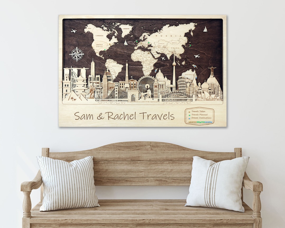 Personalized Wooden Travel Map - 3D Wall Art With Landmarks & Pins ...