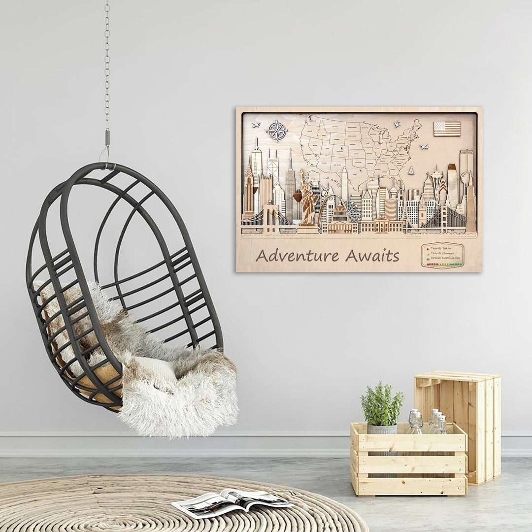 US Wooden Map Rustic Wall Decor Wood Wall Art American Map Push Pin USA ...