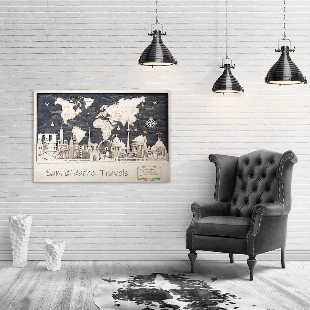 Custom Wall Decor Wood World Map Wedding Couples Gift Travel Wall Decor ...