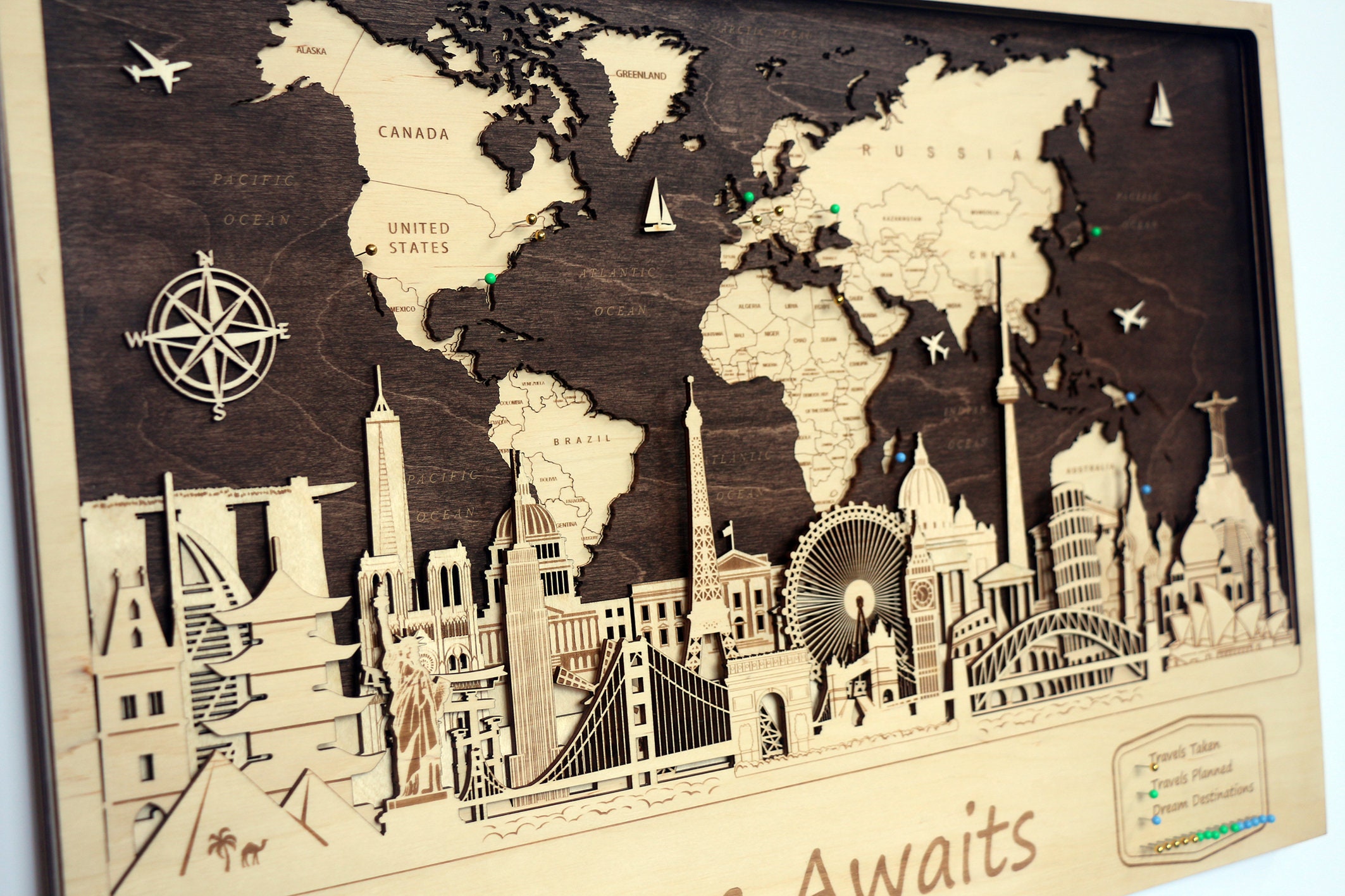 Personalized Gifts Wood World Map Wall Decor Push Pin Travel Map Wood ...