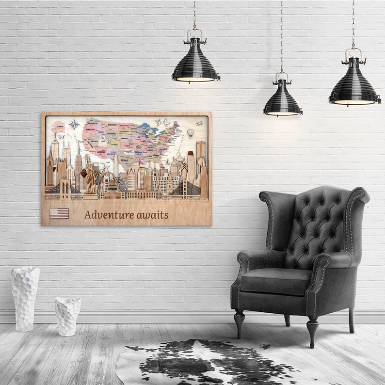 Wood USA Map American Map Wood Print Wall Decor Push Pin - Etsy