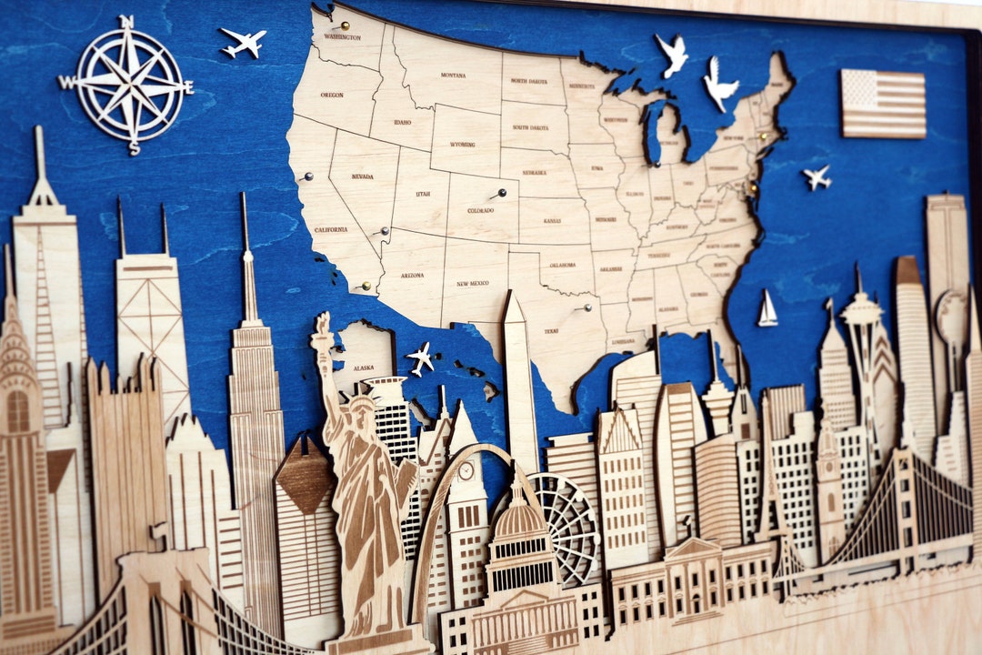 Wood US Map Wall Art: Push Pin Travel Map With Landmarks - Etsy UK
