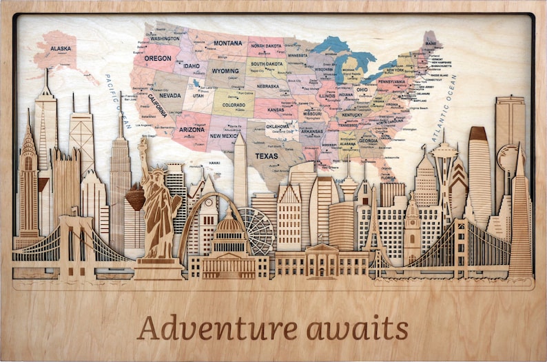 Wood USA Map American Map Wood Print Wall Decor Push Pin - Etsy