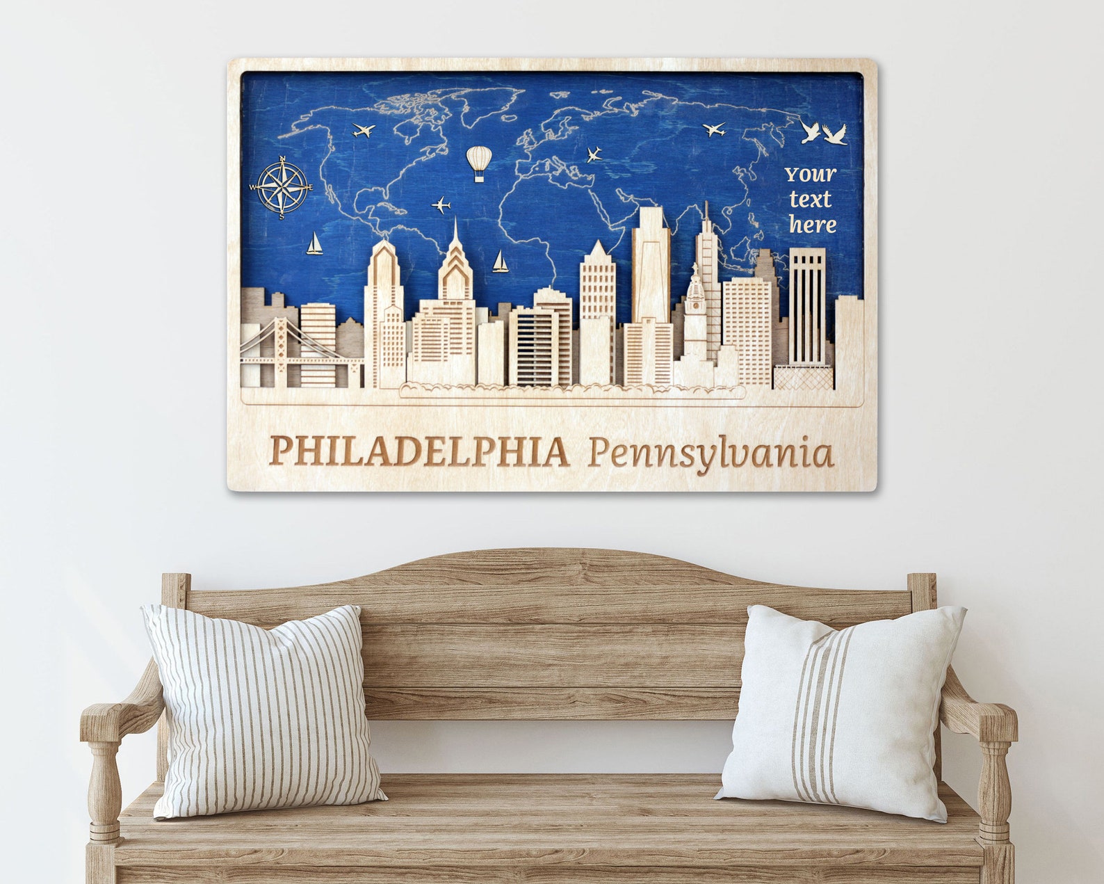 Philadelphia Skyline Art 3D Wood Decor With Push Pin Wall Map | Etsy