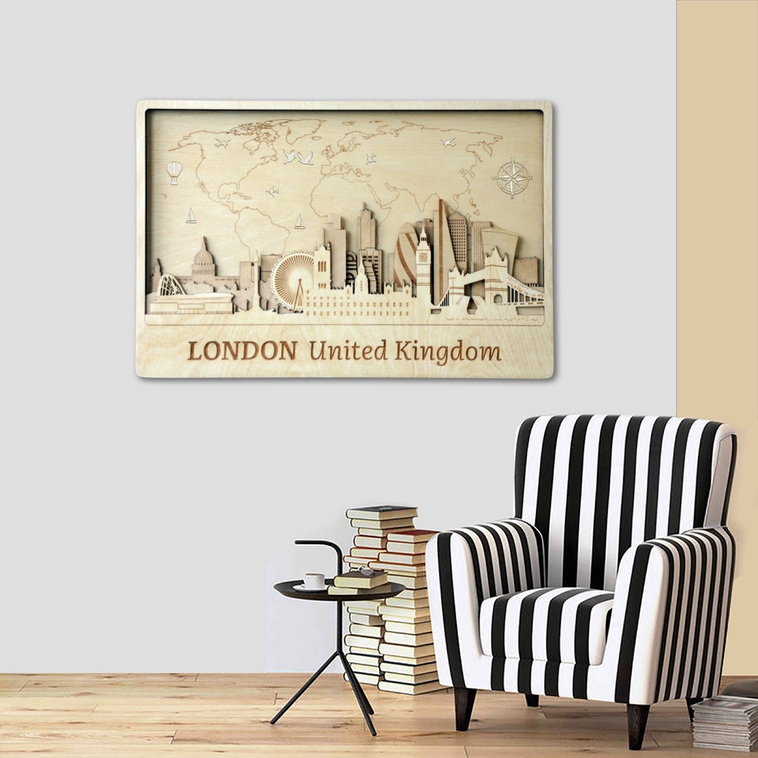 3D London Skyline With Push Pin World Map - Art Made From Multilayered ...