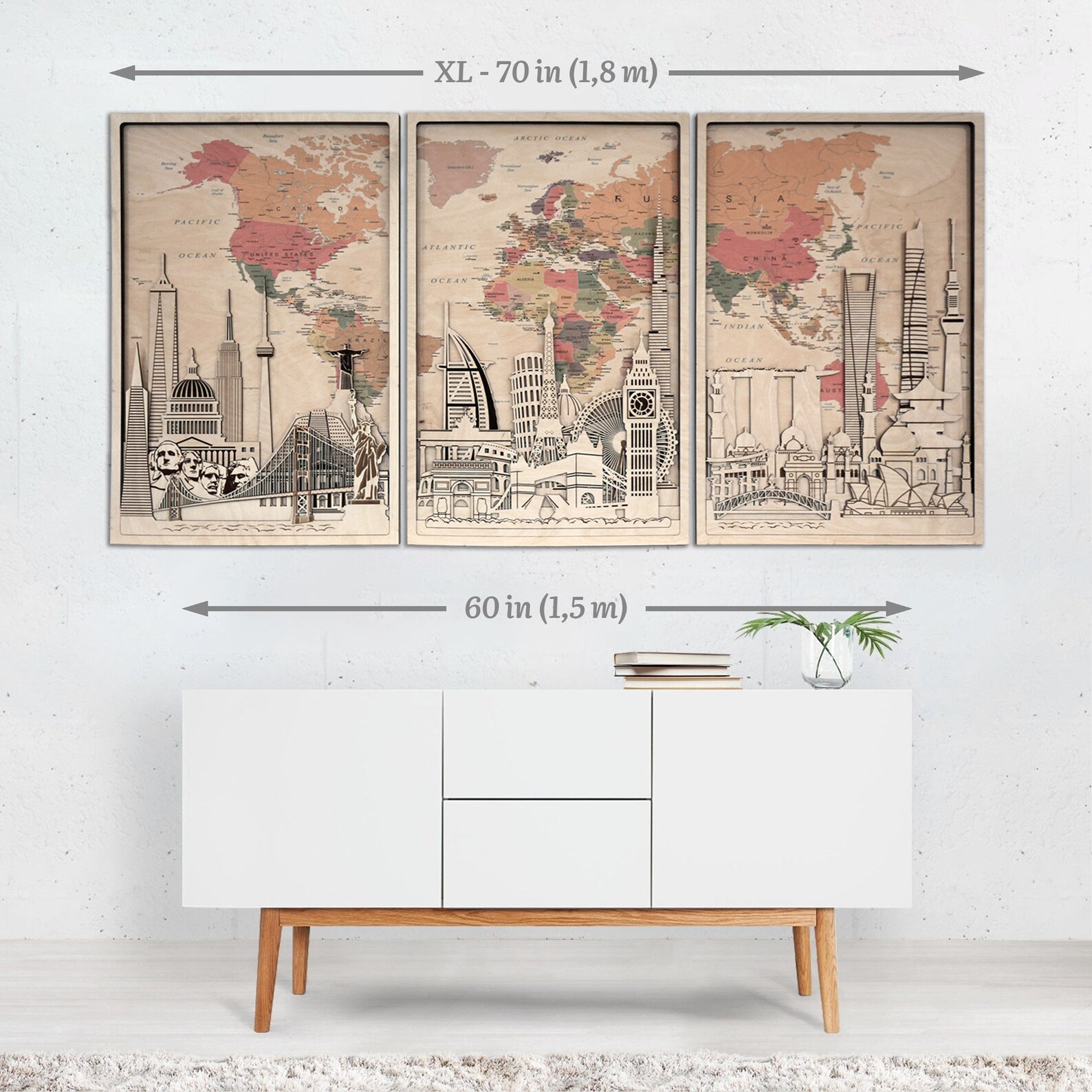 3 Panels Art Push Pin World Map Wood Wall Decor Map to Mark - Etsy