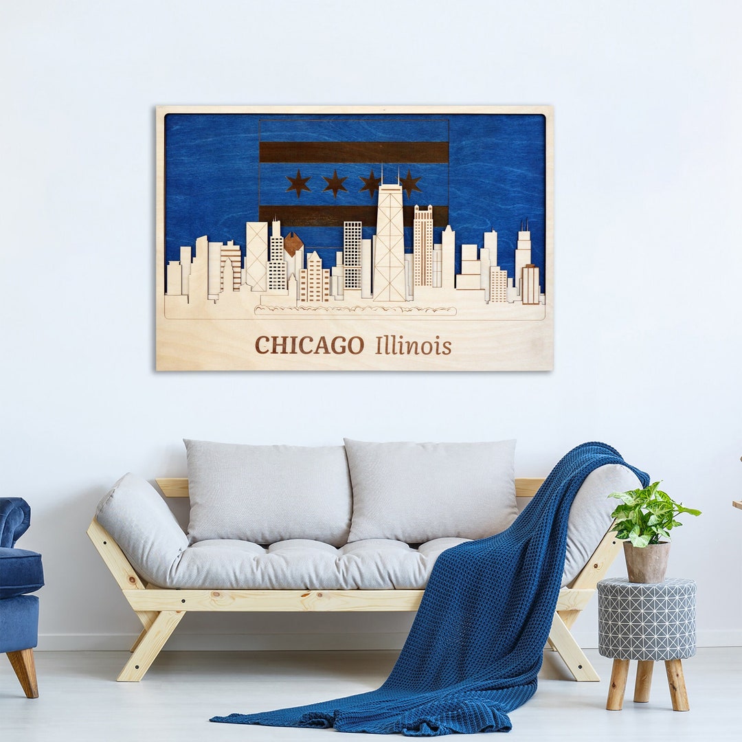 Chicago Skyline With Flag Wood Wall Decor Wood Wall Art USA Travel Art ...