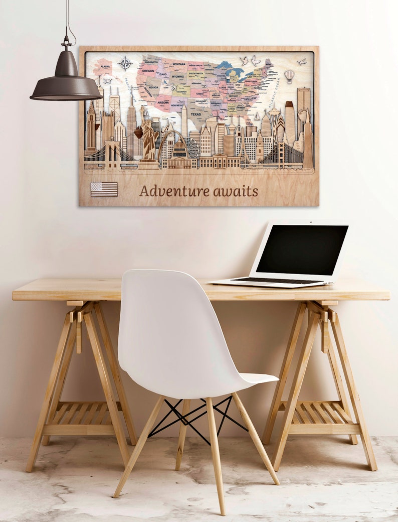 Wood USA Map American Map Wood Print Wall Decor Push Pin | Etsy