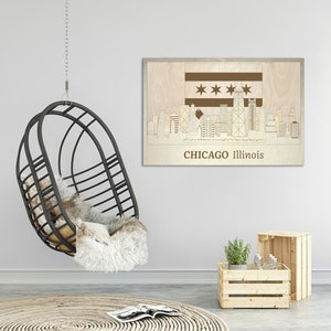 Chicago Skyline With Flag Wood Wall Decor Wood Wall Art USA Travel Art ...