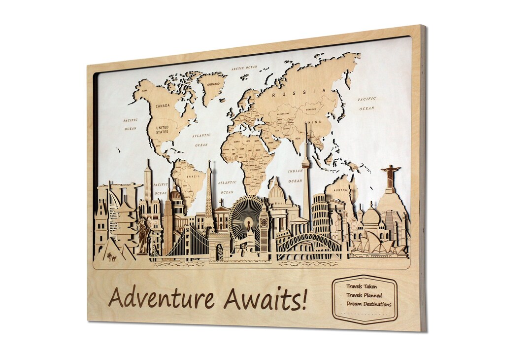World Map With Famous World Monuments, Personalized Wall Art, Home ...