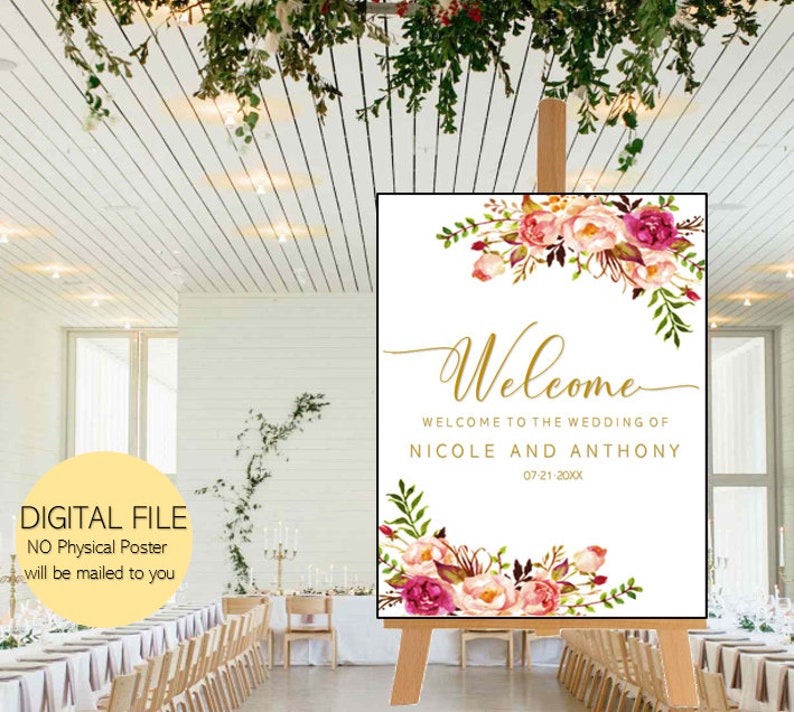 Wedding Day Sign, Wedding Day Welcome Sign, Floral Wedding Day Welcome ...