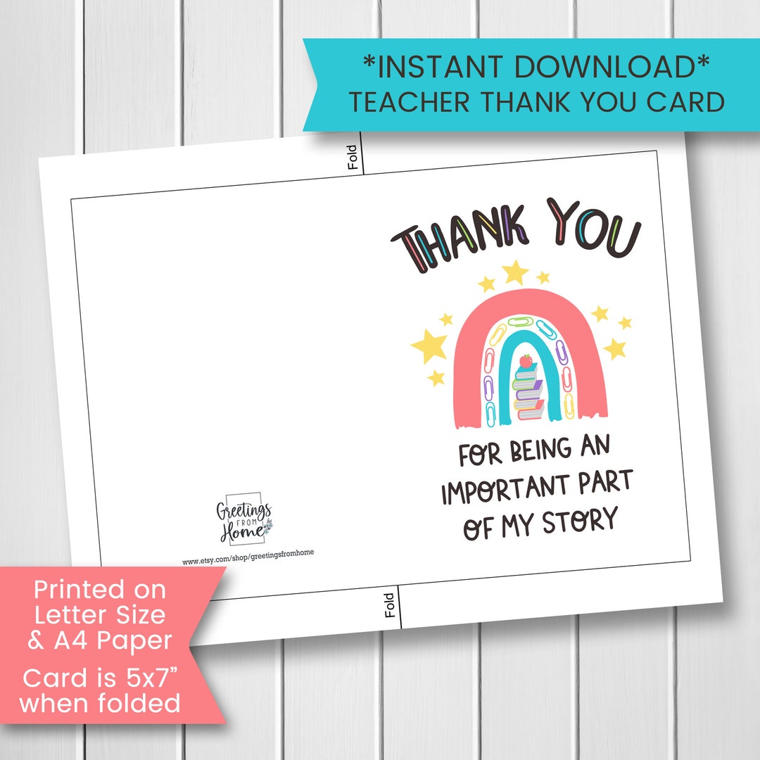 Printable Teacher Thank You Card From Student, Rainbow Thank You Card ...