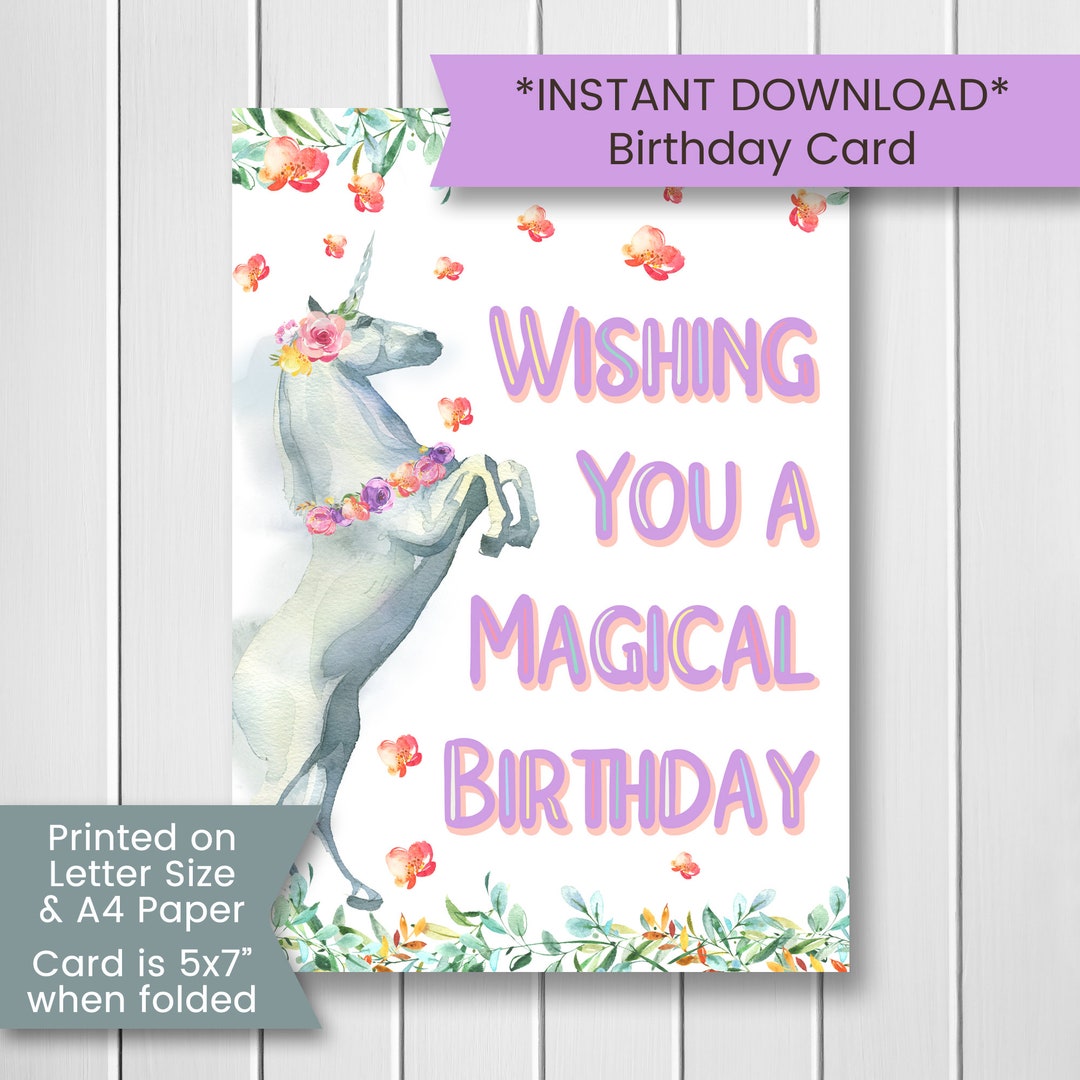 Printable Unicorn Birthday Card for Kids Birthday, Magical Birthday ...