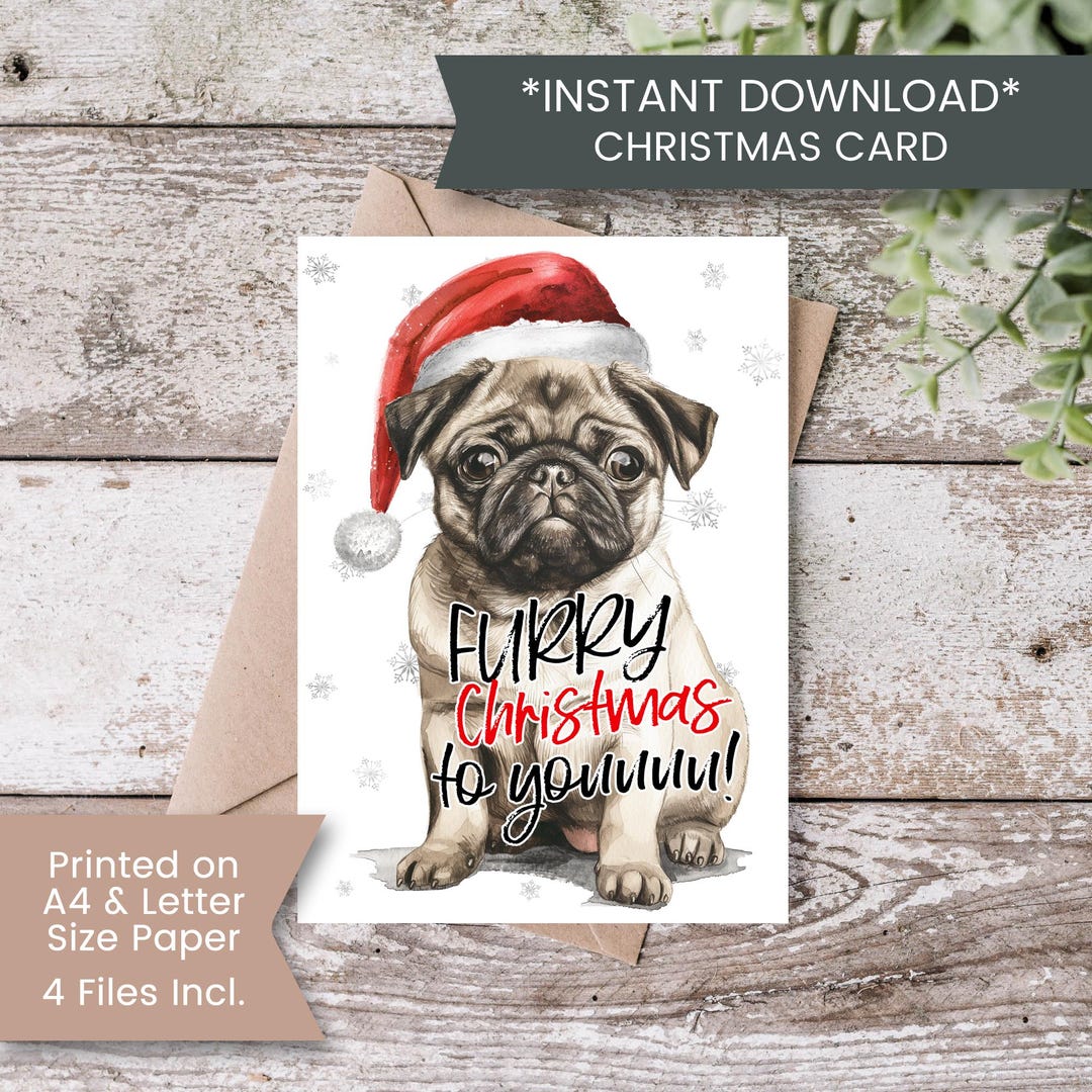 Pug Christmas Card, Printable Dog Christmas Card for Friend, Christmas ...