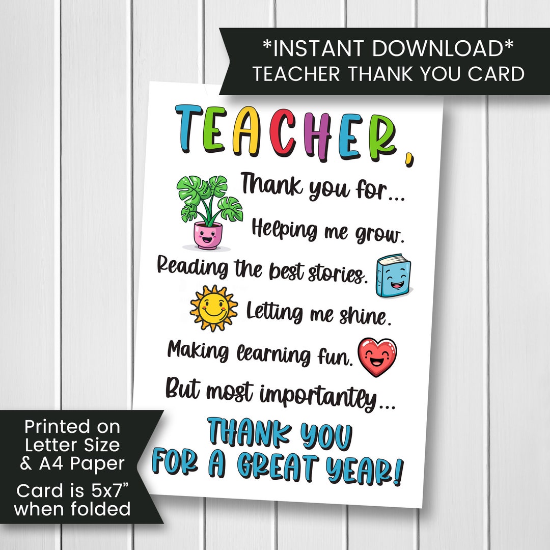 Printable Thank You Card for Teacher, Year End Teacher Card, Teacher ...