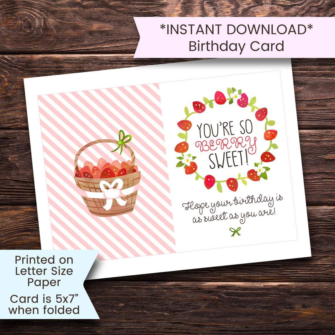Strawberry Birthday Card, Printable Birthday Card With Strawberries for ...