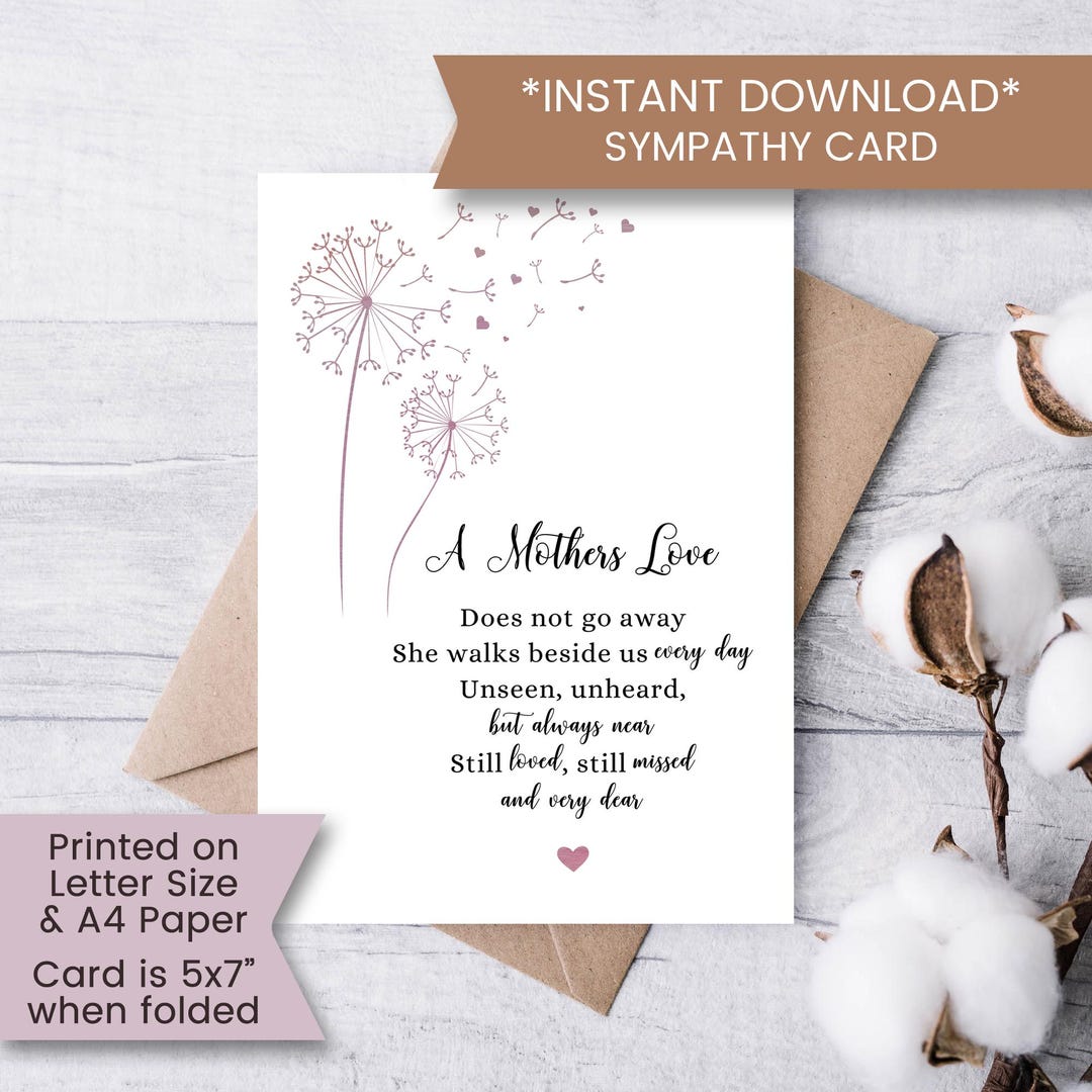 Printable Sympathy Card for Loss of Mother, Sorry for Your Loss Card, Dandelion Thinking of You ...