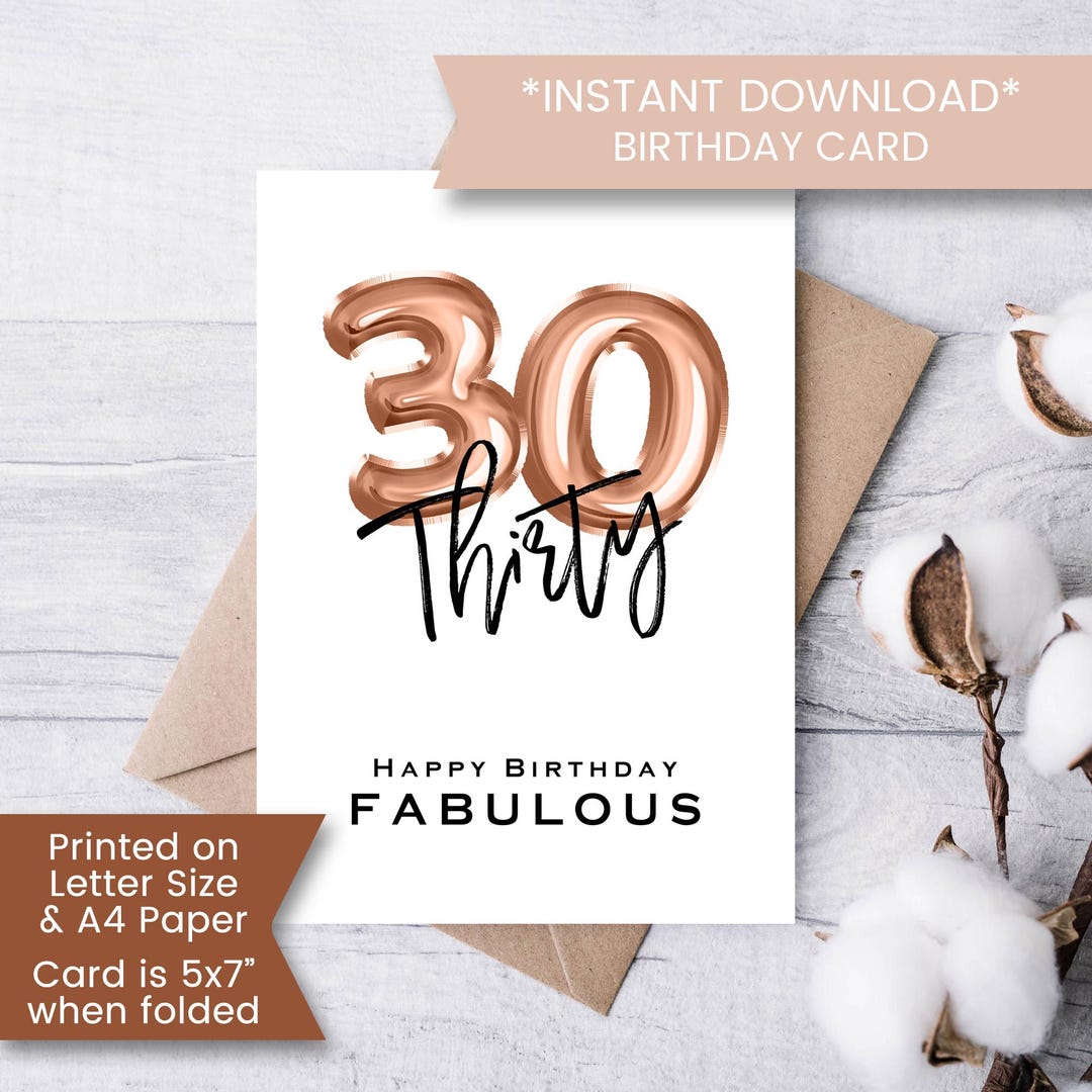 Printable 30th Birthday Card for Her, Fabulous and Thirty Birthday Card ...