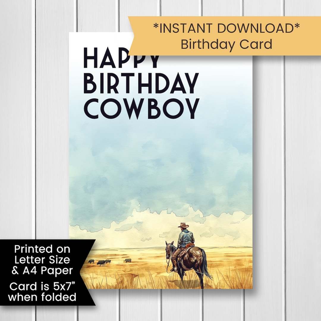 Cowboy Birthday Card, Printable Cowboy Birthday Card for Dad, Horse ...