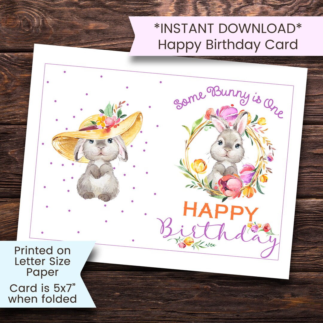 1st Birthday Bunny Card Printable, Bunny First Birthday Card, Bunny ...