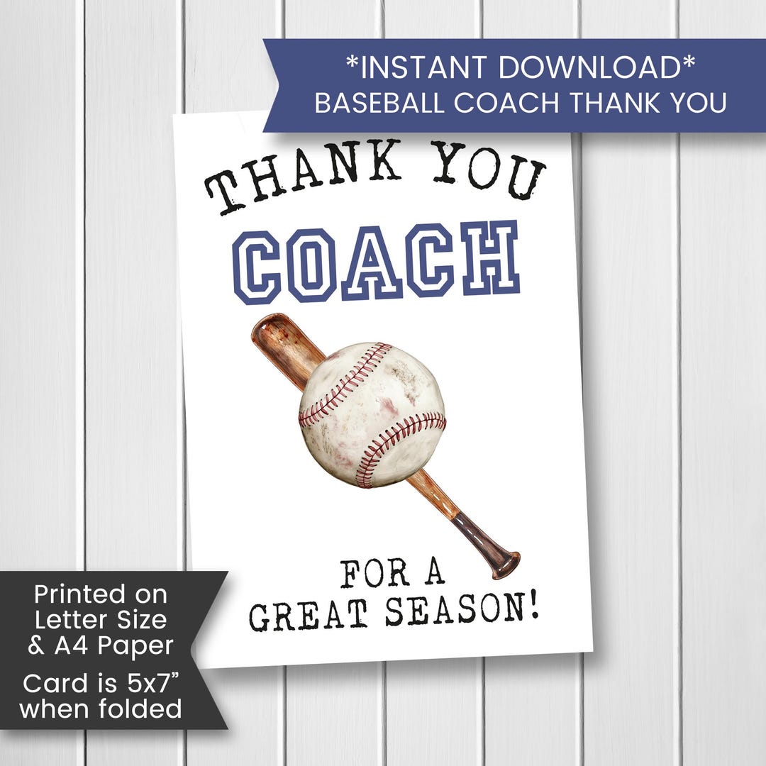 Printable Baseball Coach Thank You Card, Thank You for Baseball Coach ...