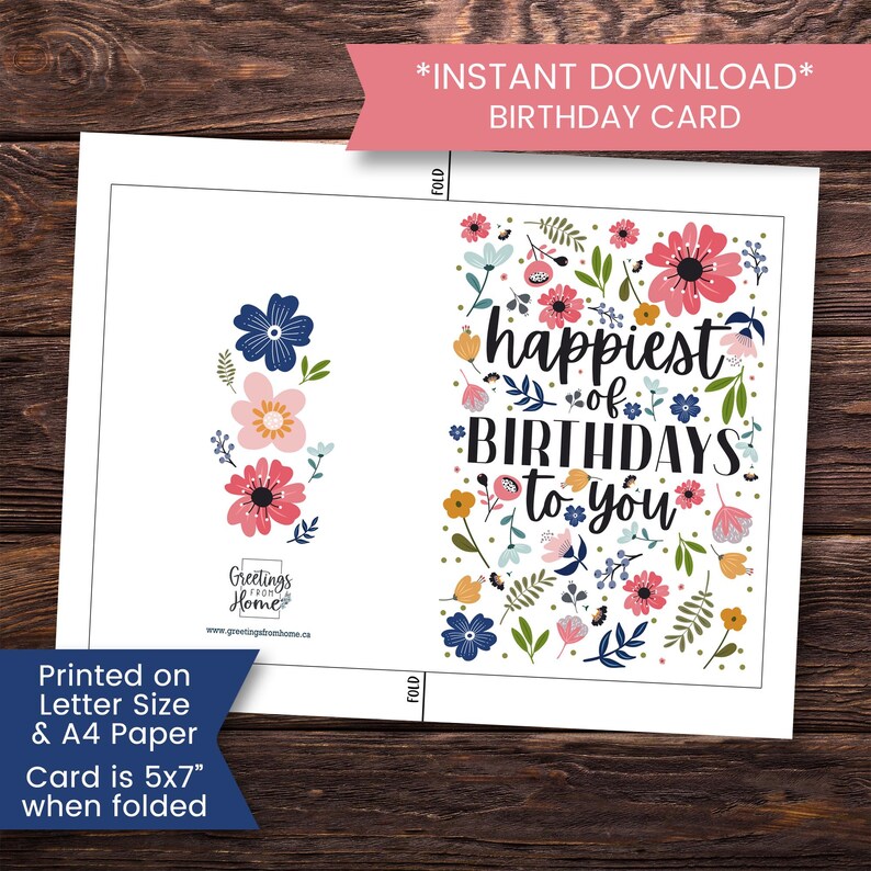 Printable Birthday Card, Floral Happy Birthday Card, Flowers, Boho ...