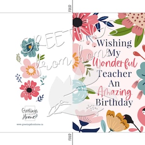 Printable Birthday Card for Teacher, Teacher Birthday Card With Flowers ...