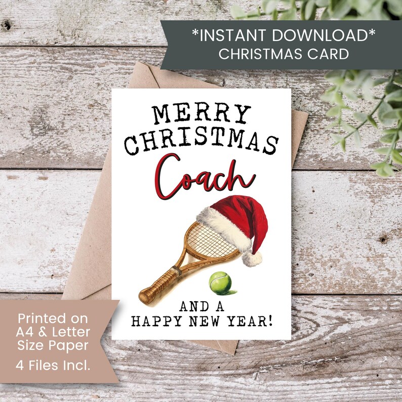 Christmas Card for Tennis Coach, Printable Tennis Coach Christmas Card ...