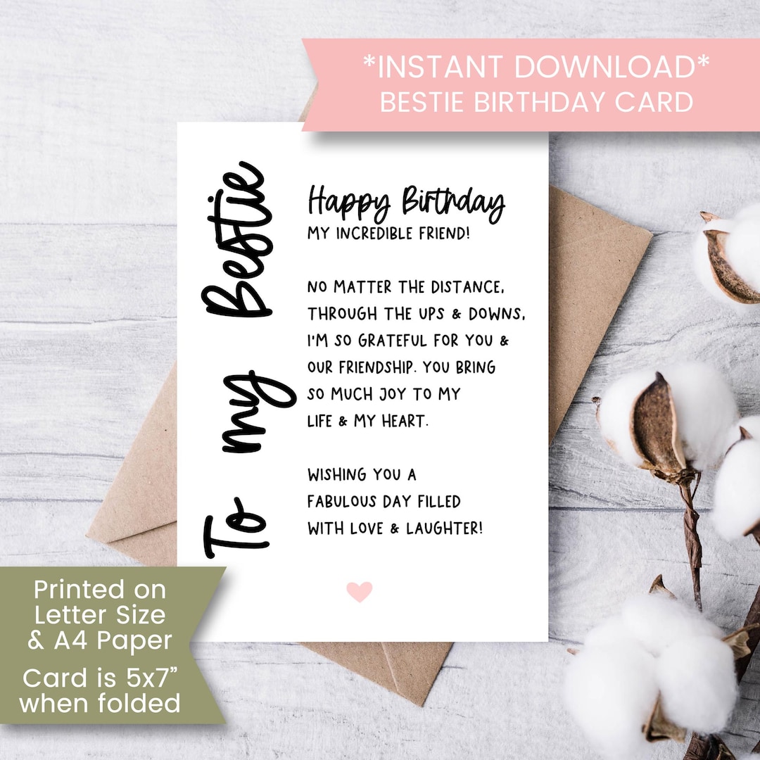 Printable Bestie Birthday Card, Birthday Card for Best Friend, Birthday ...